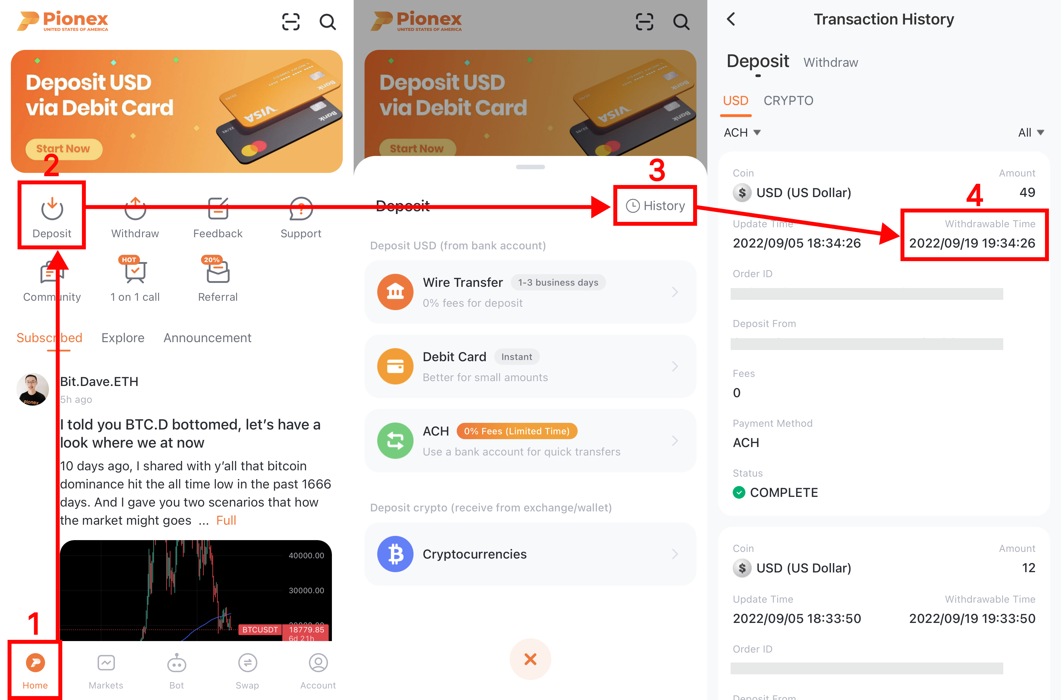 Check the "Withdrawable Time" of the ACH deposit – Pionex US Help Center